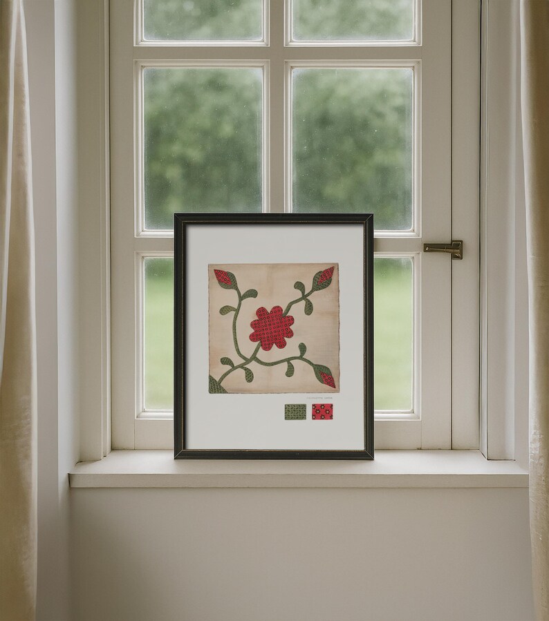Primitive Quilt Block Art Print: Red Flower Appliqué Design - Etsy