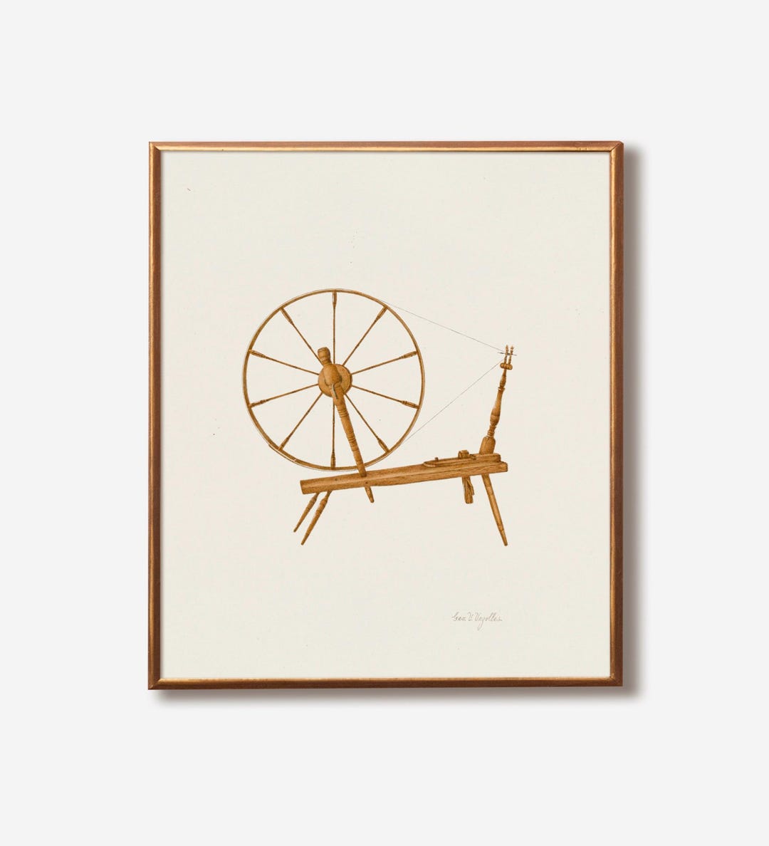 Primitive Folk Art Spinning Wheel Print • Early American Textile Decor ...