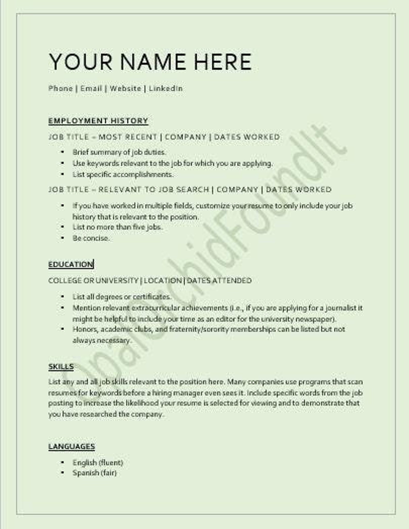 Professional Resume Template - Sage Green - Easy to Use Word Document ...