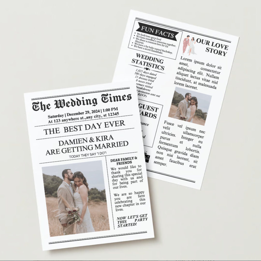 Newspaper Wedding Invitation Editable Template - Etsy