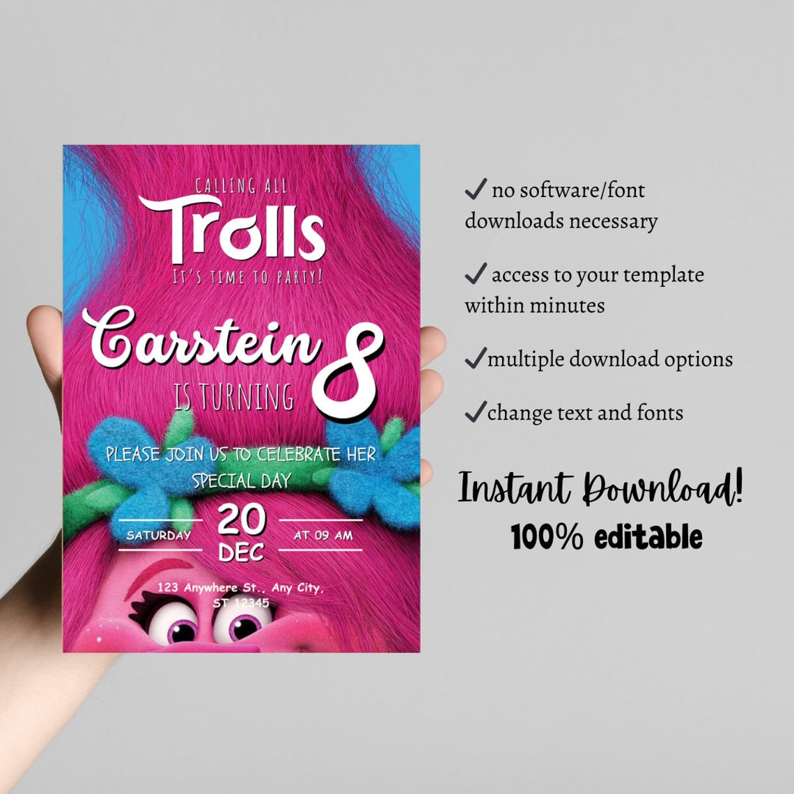 Calling All Trolls, It's Time to Party Trolls Editable Invitation ...
