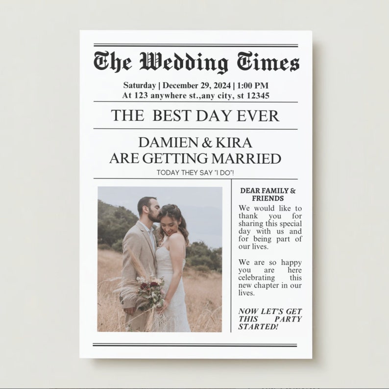 Newspaper Wedding Invitation Editable Template - Etsy