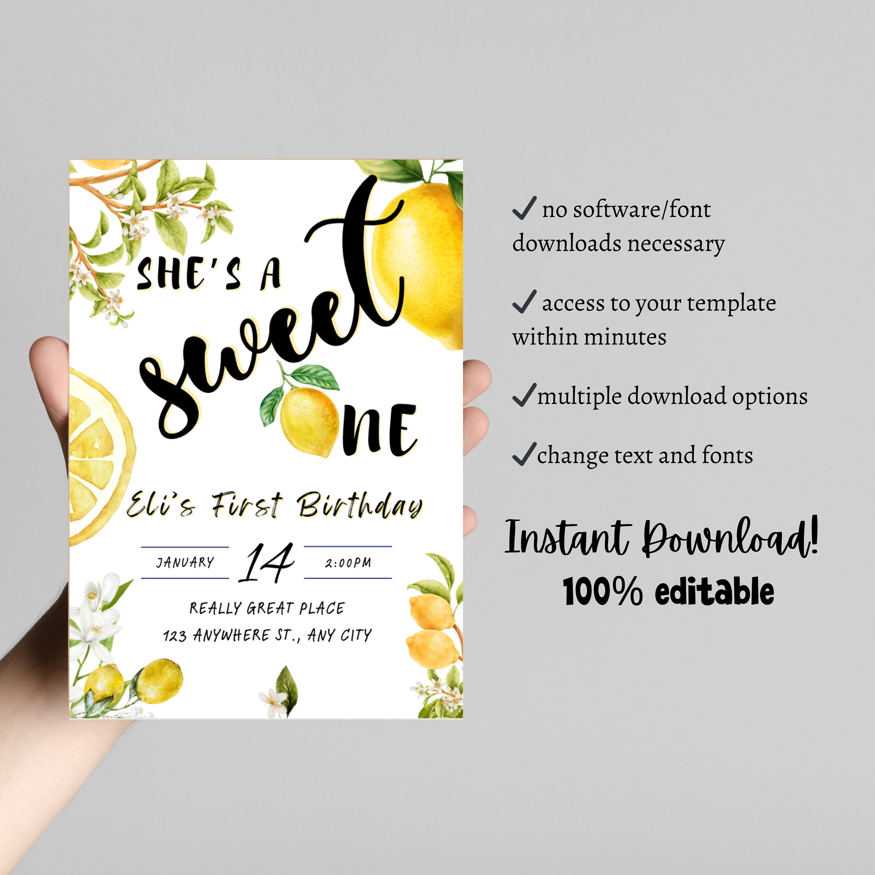 Lemon Theme Birthday Party Invitation - Editable Template - Etsy