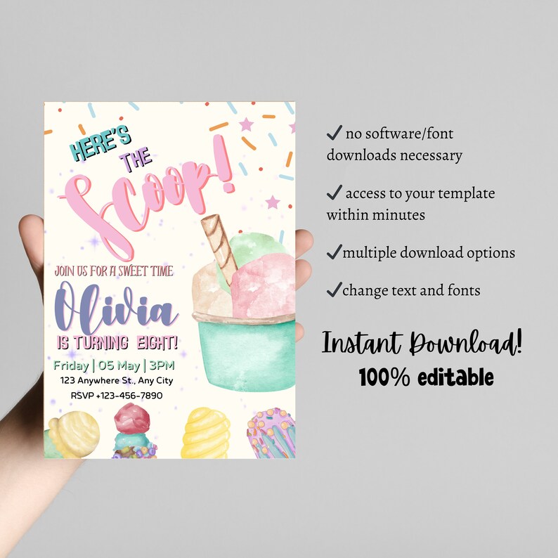Here's the Scoop Birthday Invitation Template - Ice Cream Party ...