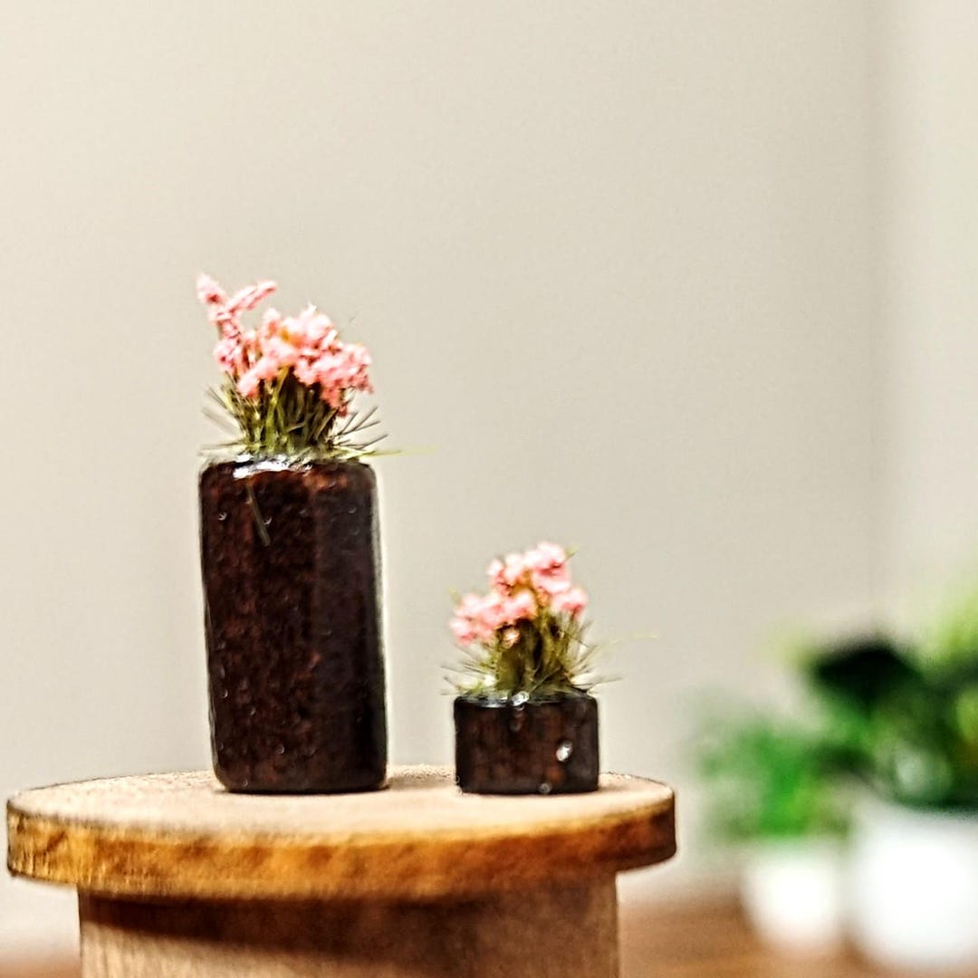 Set of Two Tiny Potted Plants With Flowers. Optionable Colors Pink ...