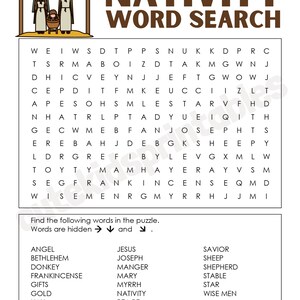 Nativity Christmas Word Search Printable for Classroom, Home, or ...