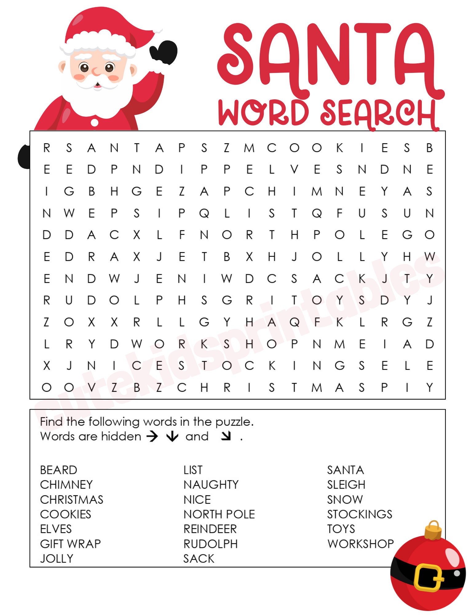 Santa Christmas Word Search Printable Game for Home and Classroom Use ...