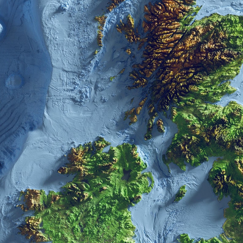 British Isles Terrain Relief Map Print atlas Style - Etsy