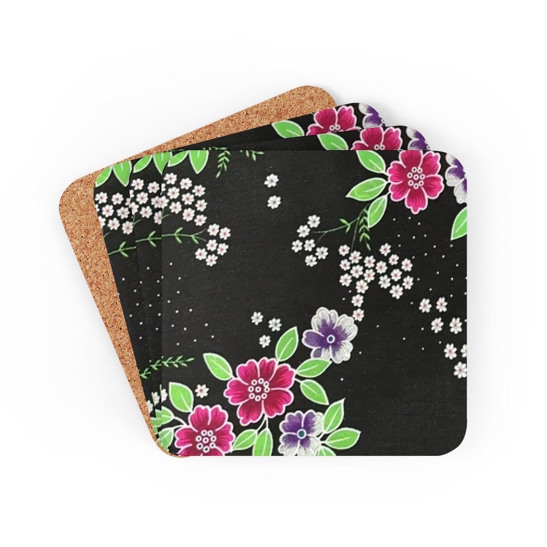 Black Hmong Floral Ntaub Lis Loos Cork Coaster Set Coasters - Etsy
