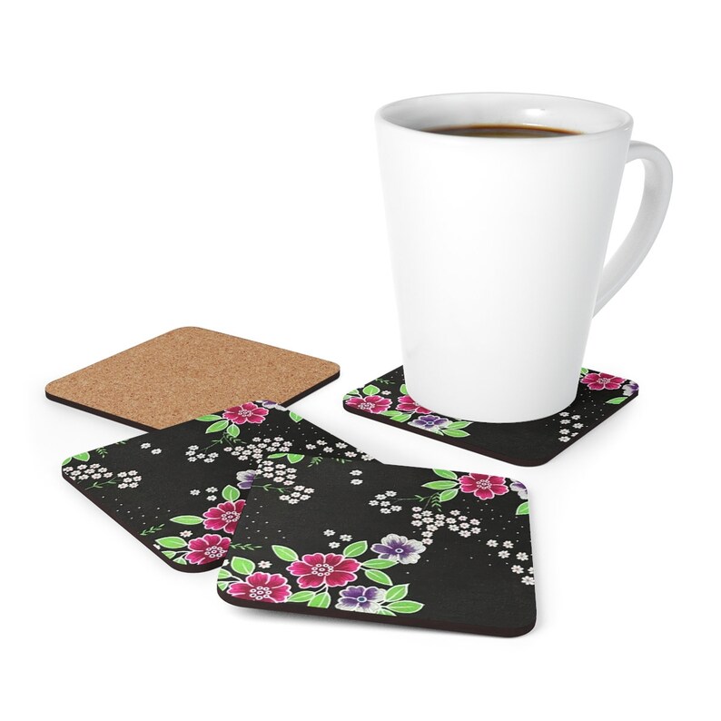 Black Hmong Floral Ntaub Lis Loos Cork Coaster Set Coasters - Etsy