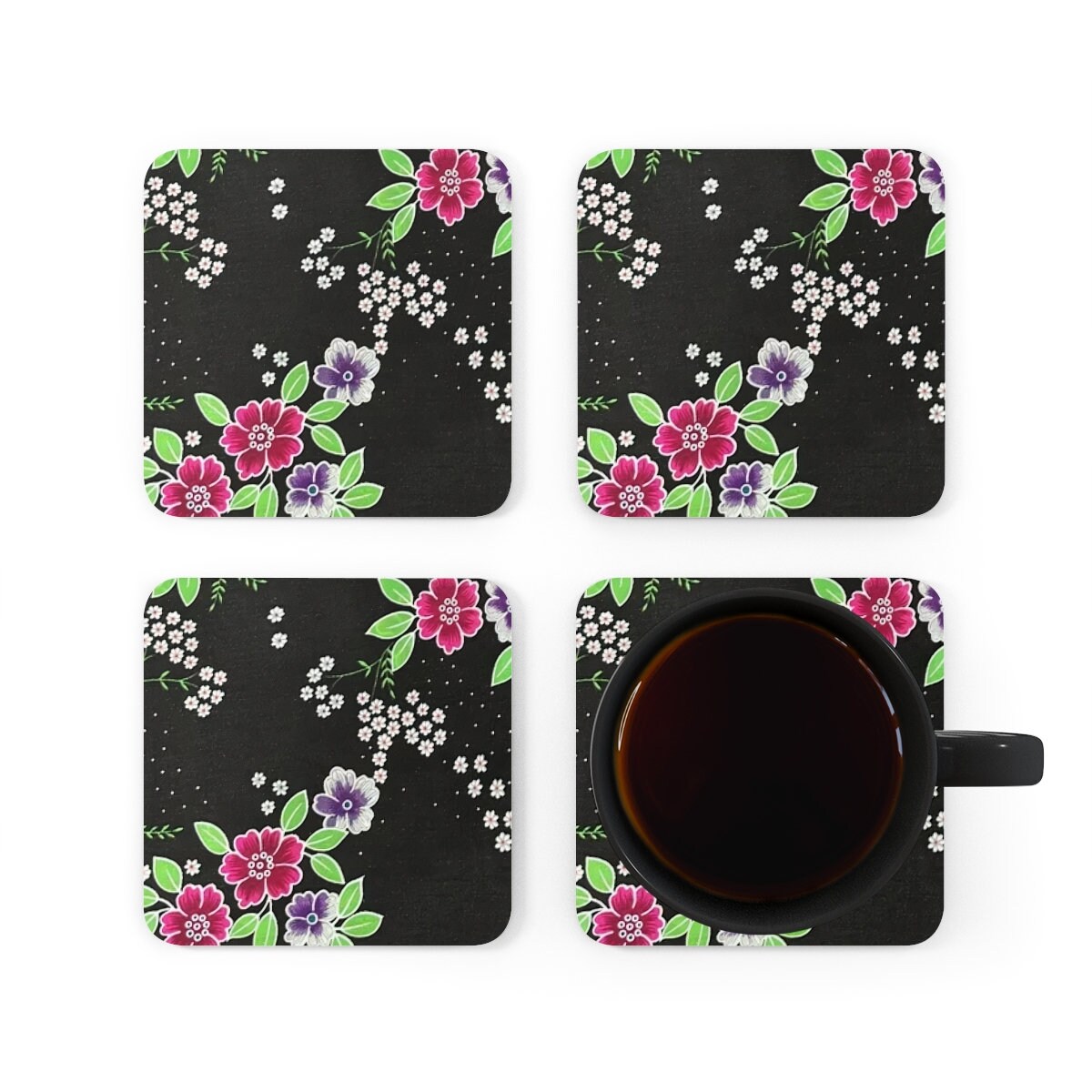 Black Hmong Floral Ntaub Lis Loos Cork Coaster Set Coasters - Etsy
