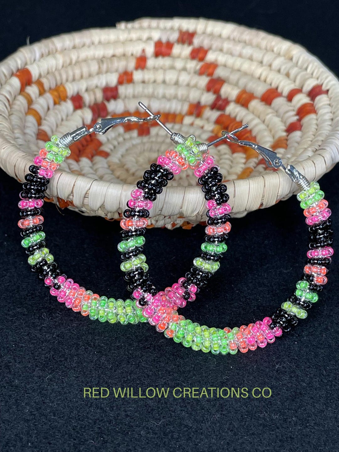 Native American Made 2 Inch Beaded Wire Wrap Hoop Earrings. 11/0 Glass ...