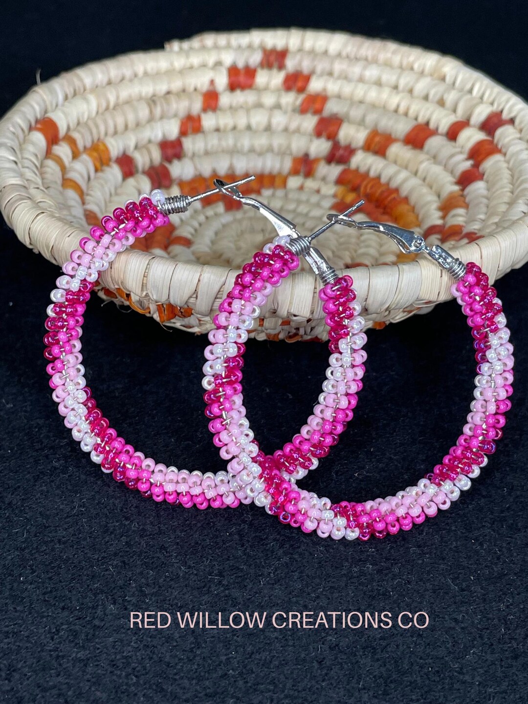 Native American Made Pink Beaded Hoop Earrings, Seed Beads, 2 Inch - Etsy