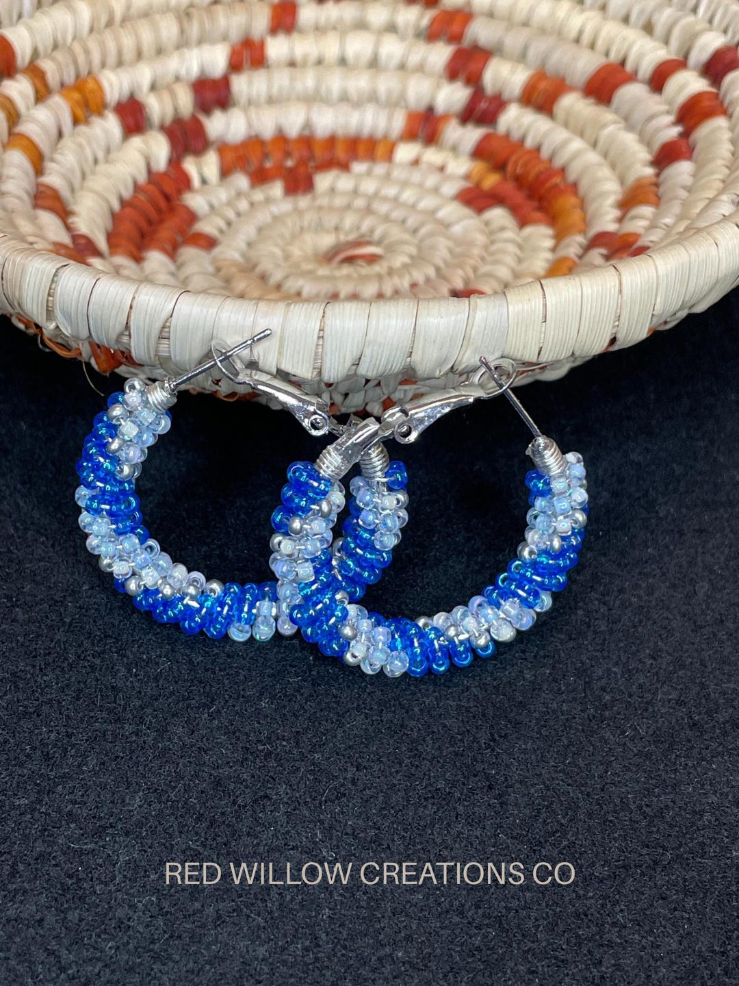 Native American Made Beaded Hoop Earrings, Blue Seed Beads, 1 Inch - Etsy