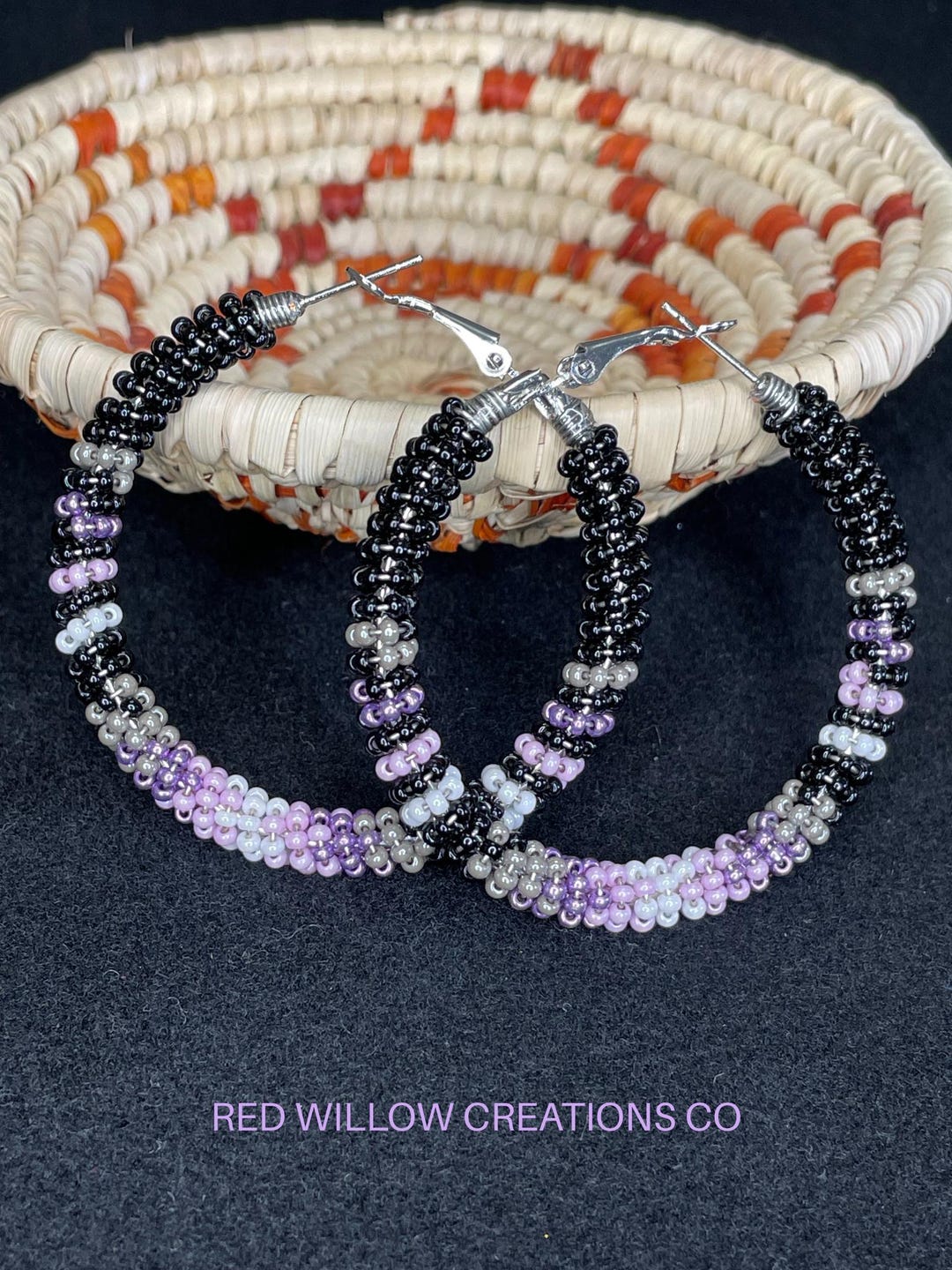 Native American Made Beaded Hoop Earrings, Black, Purple Seed Beads, 2 ...