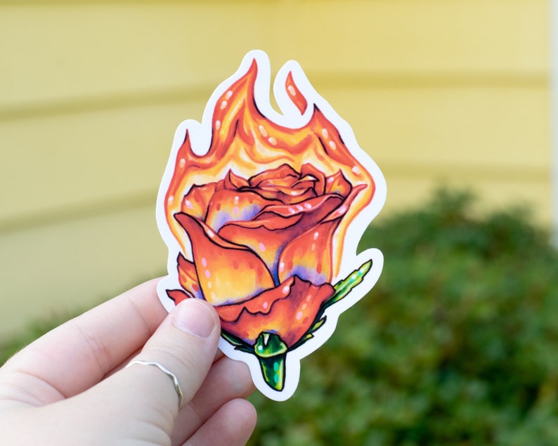 Flaming Rose Vinyl Sticker, Illustrated Flower Decal for Laptops, Water ...