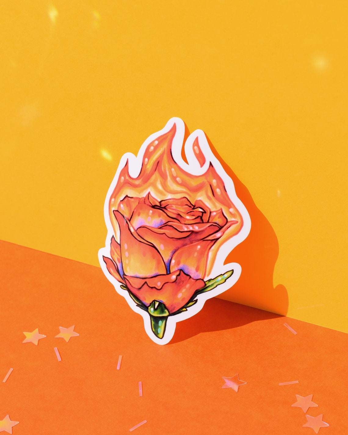 Flaming Rose Vinyl Sticker, Illustrated Flower Decal for Laptops, Water ...