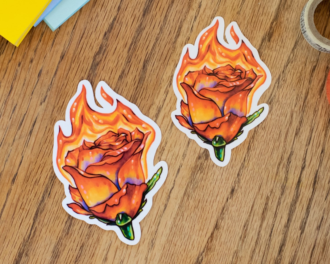 Flaming Rose Vinyl Sticker Illustrated Flower Decal for - Etsy