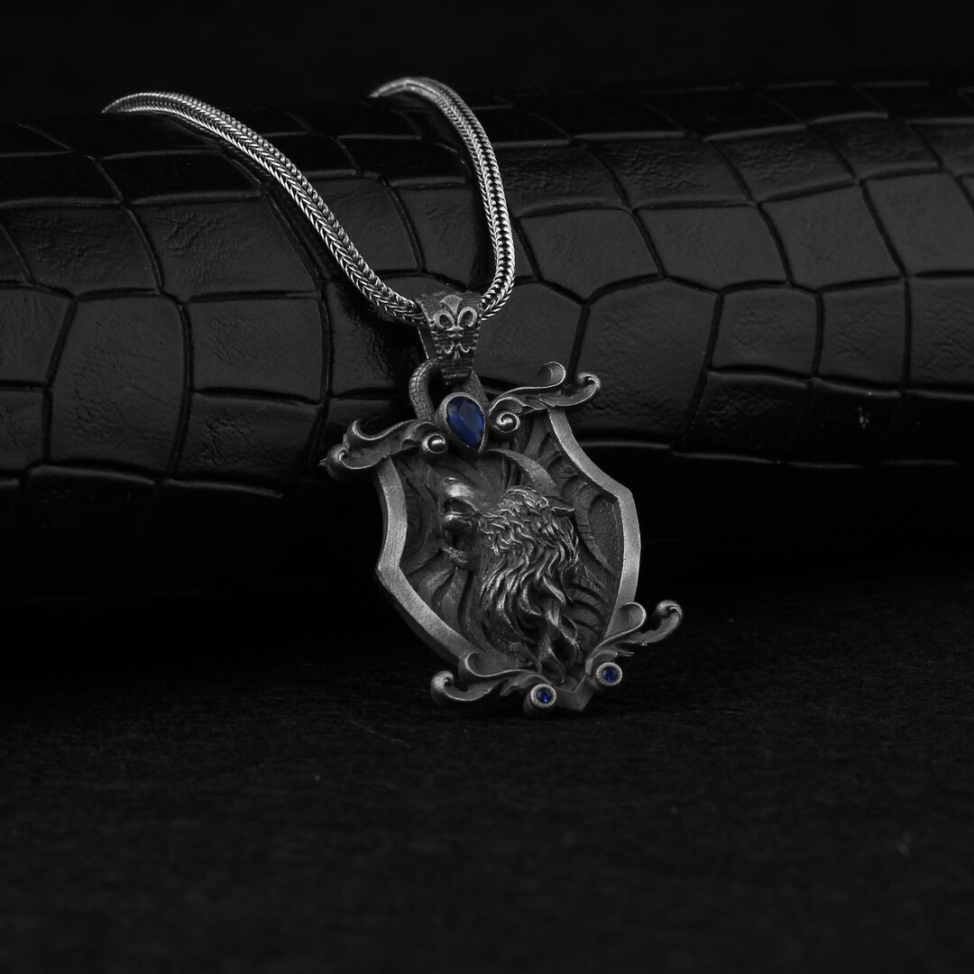 Sapphire Wolf Men Necklace, 925 Sterling Silver, Oxidized Wolf Necklace ...