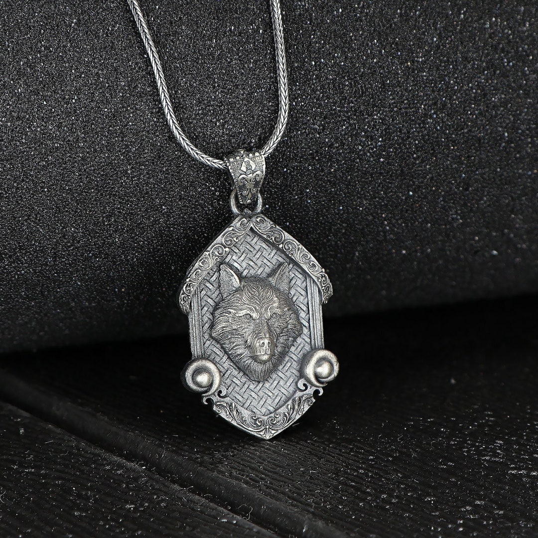 Wolf Men's Necklace, 925 Sterling Silver Necklace, Oxidized Wolf ...