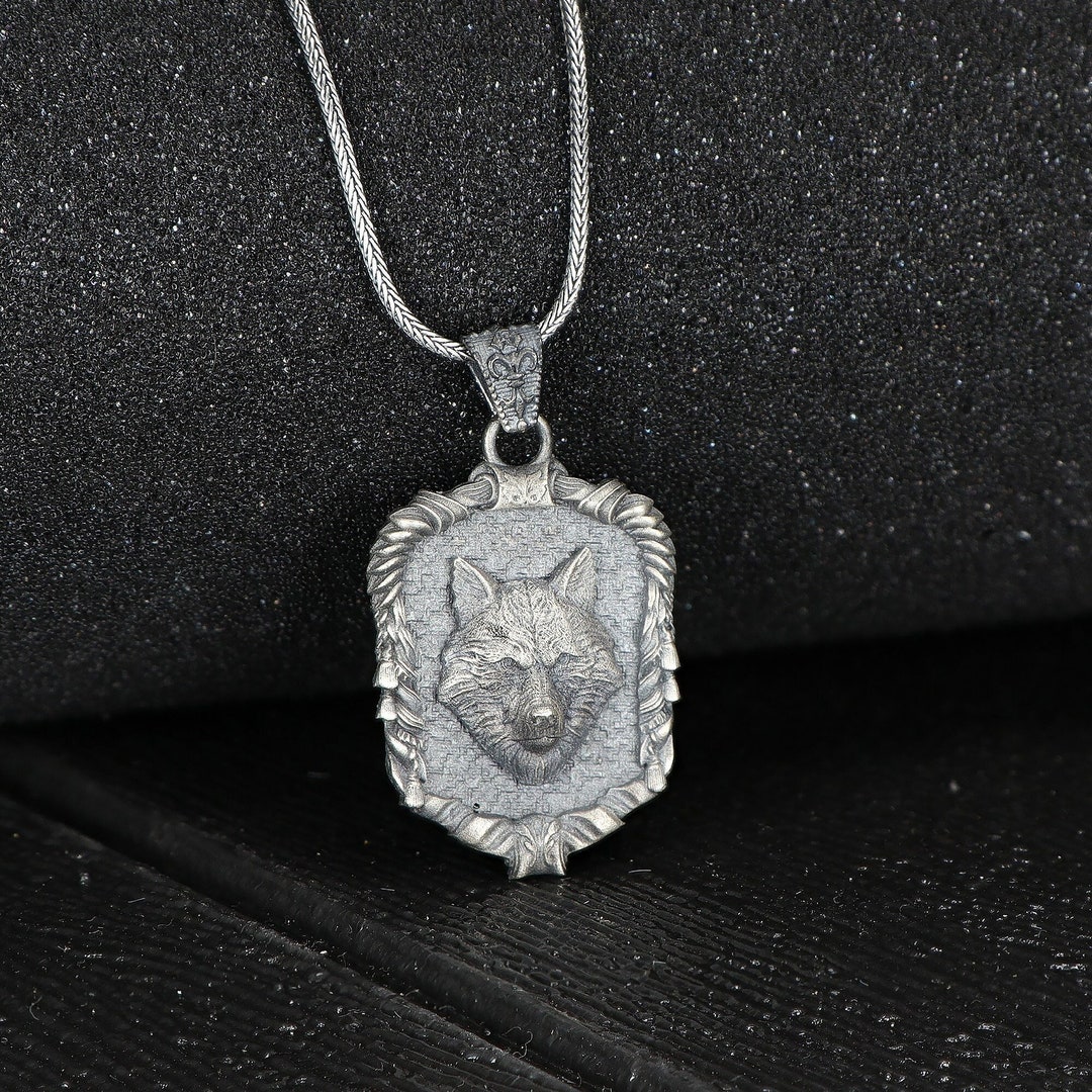 Wolf Men's Necklace, 925 Sterling Silver Necklace, Oxidized Wolf ...