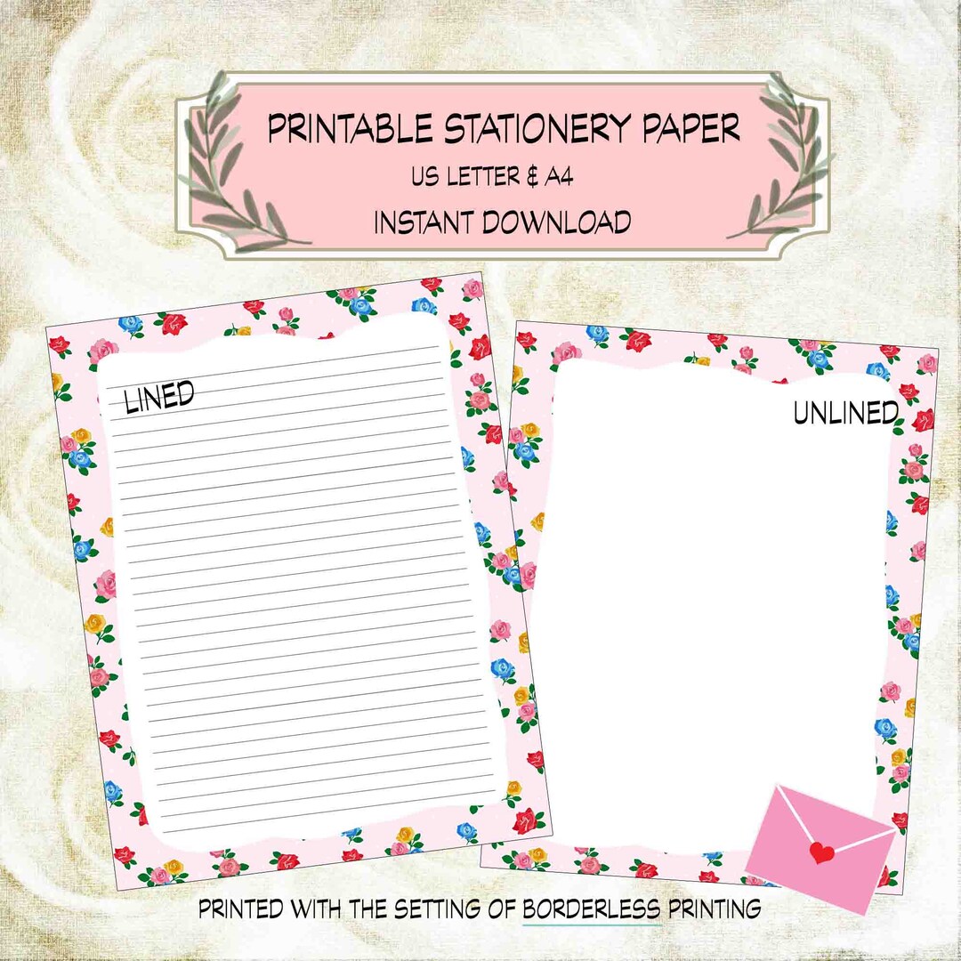 Printable Stationery Paper, roses, Lined/ Unlined, With Envelope ...