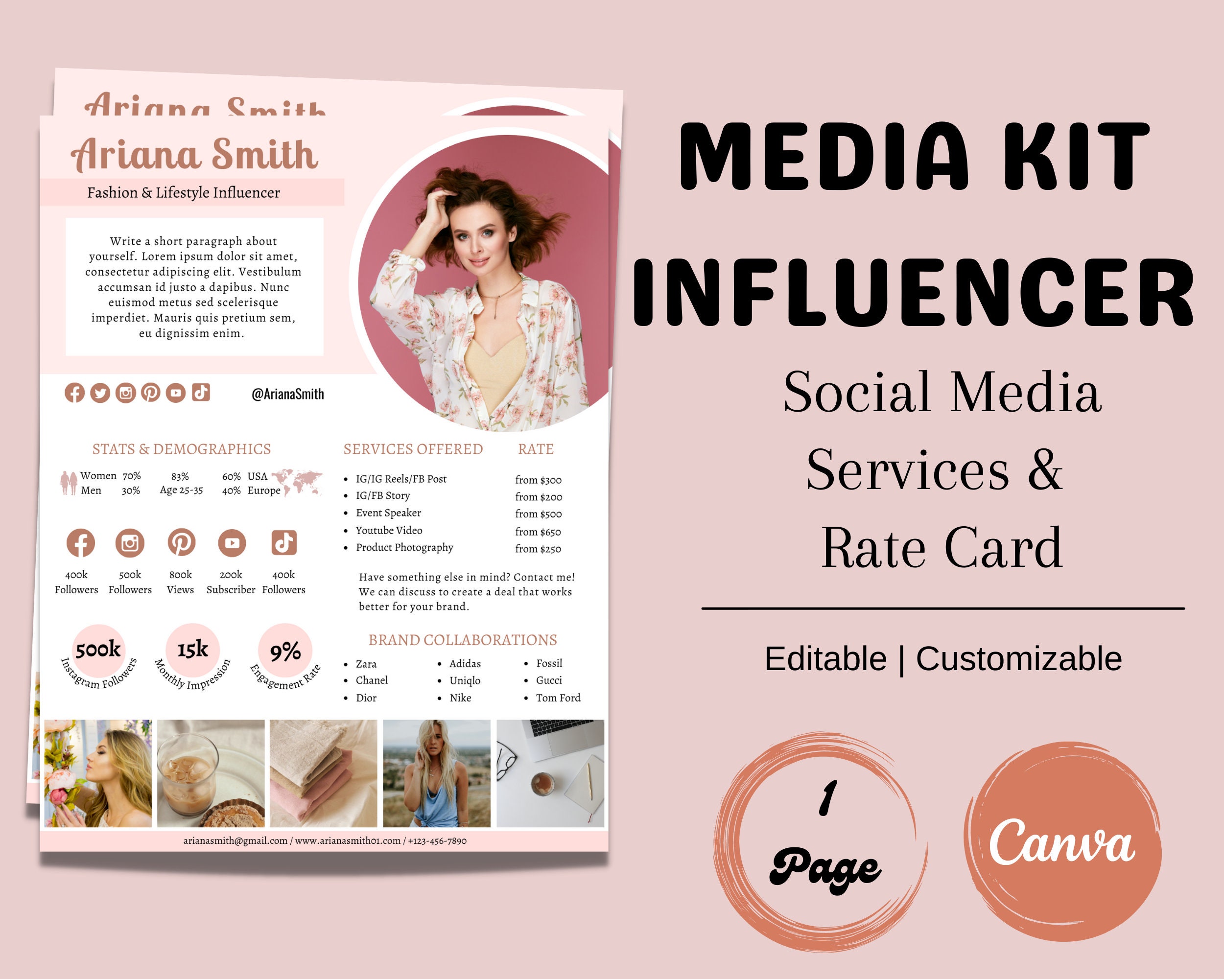 Media Kit Influencer Rate Sheet Social Media Influencer Canva Template ...