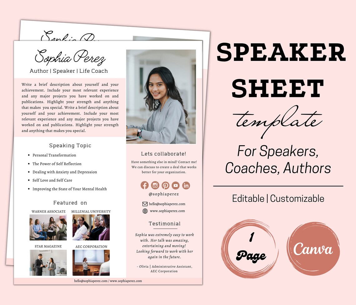 Speaker Sheet Template Author Media Kit Keynote Speaker Business Coach ...