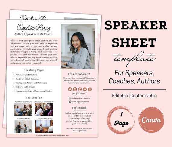 Speaker Sheet Template Author Media Kit Keynote Speaker - Etsy