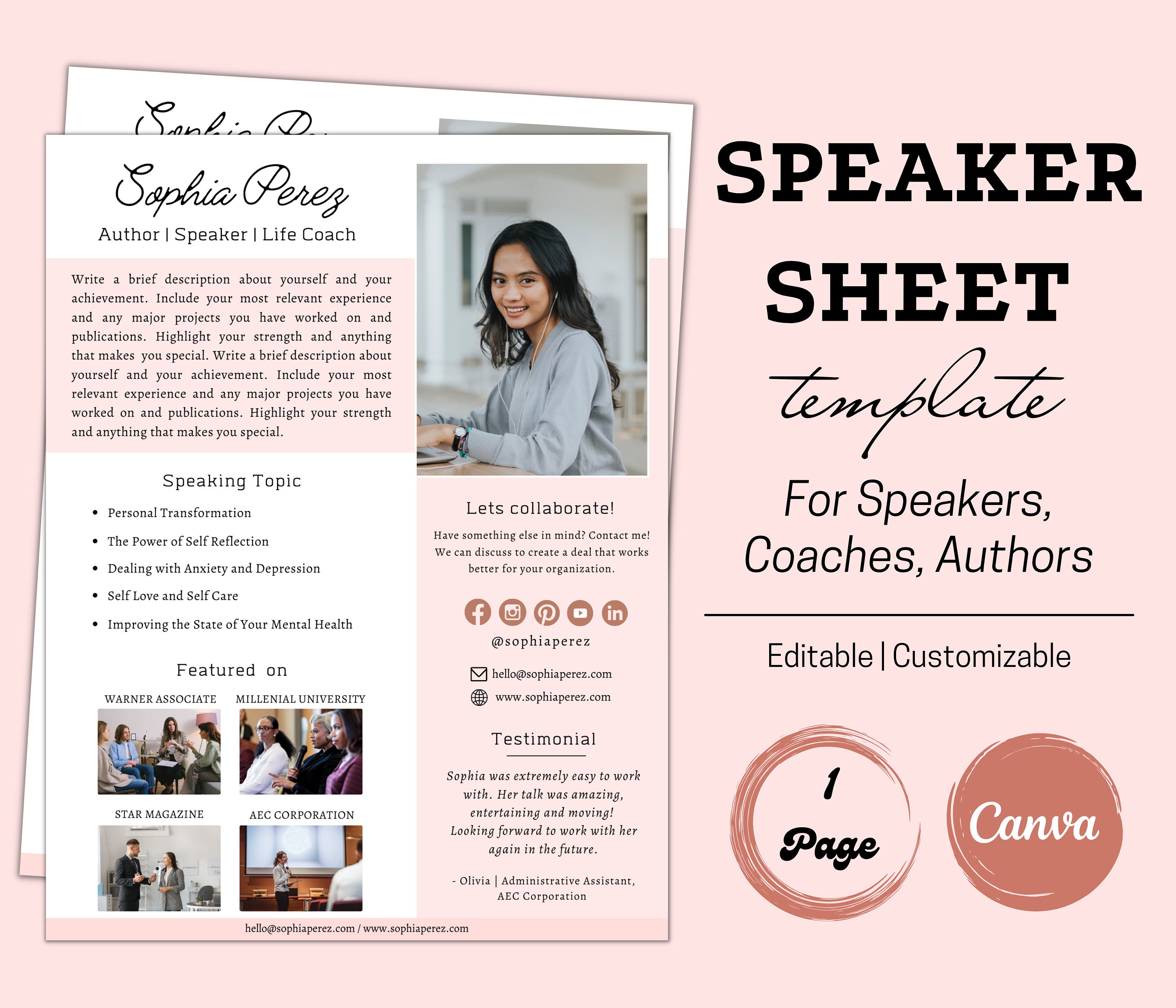 Speaker Sheet Template Author Media Kit Keynote Speaker Business Coach ...