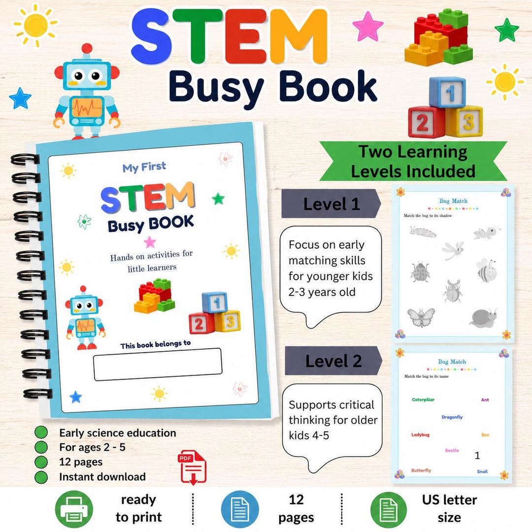STEM Busy Book for Toddlers: Printable Preschool Activity Binder (PDF ...