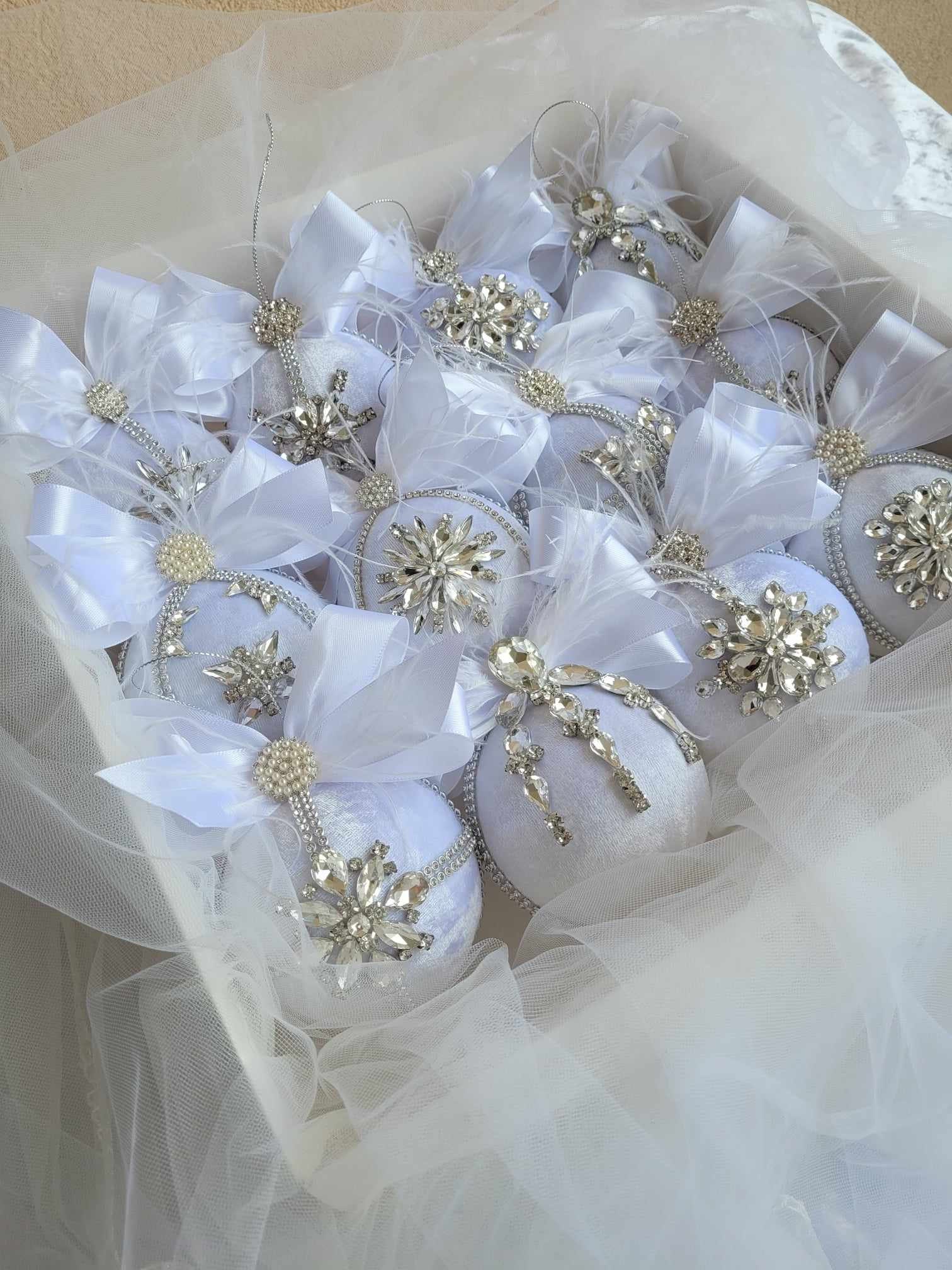 Set of White Christmas Balls With Feathers and Rhinestones, Christmas ...