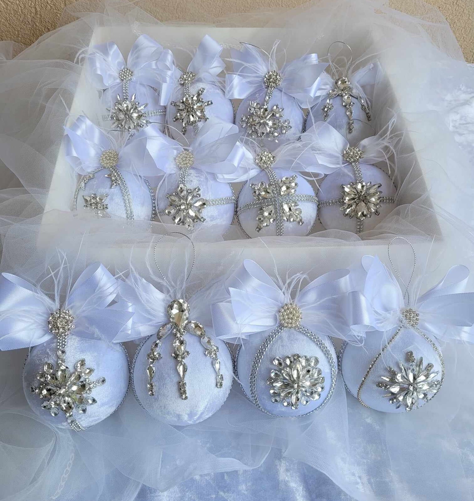 Set of White Christmas Balls With Feathers and Rhinestones, Christmas ...