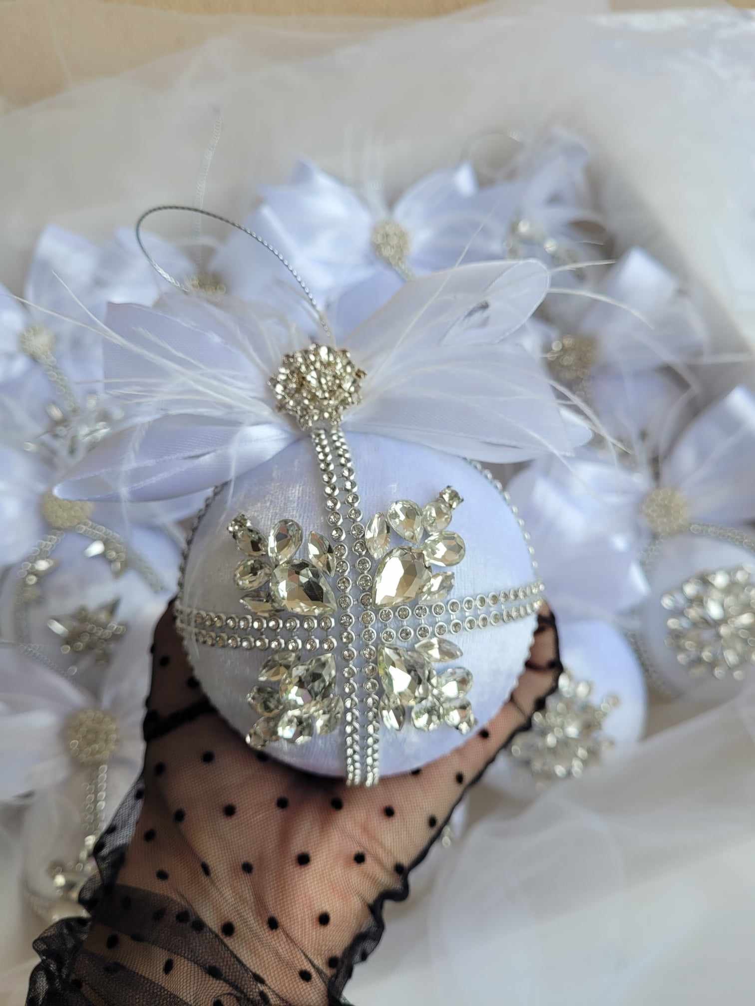 Set of White Christmas Balls With Feathers and Rhinestones, Christmas ...