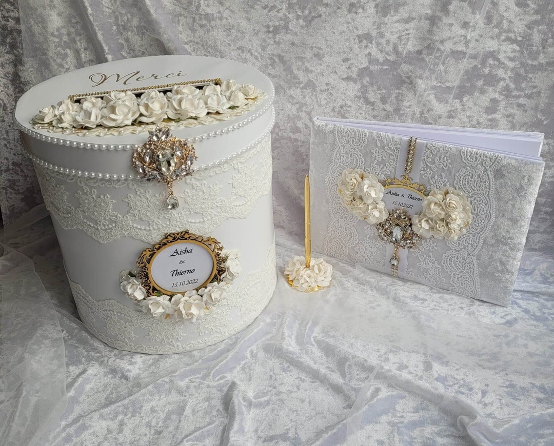 Elegant Gold and White Wedding Card Box Set With Personalised Guest ...
