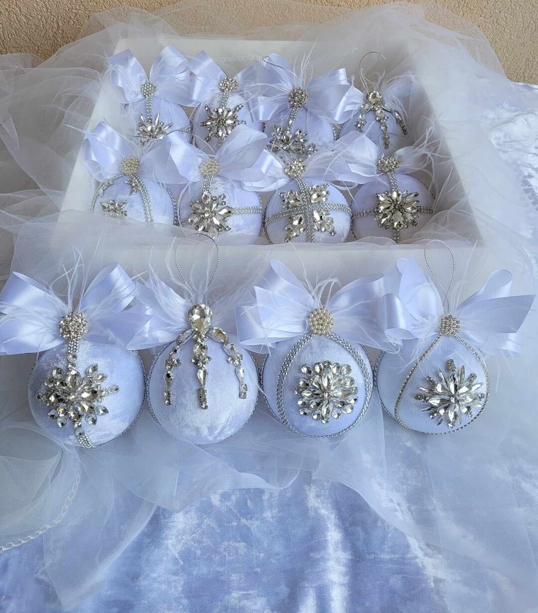 Set of White Christmas Balls With Feathers and Rhinestones, Christmas ...