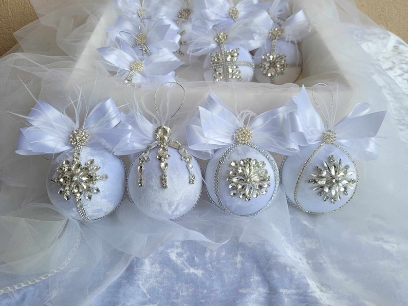 Set of White Christmas Balls With Feathers and Rhinestones, Christmas ...