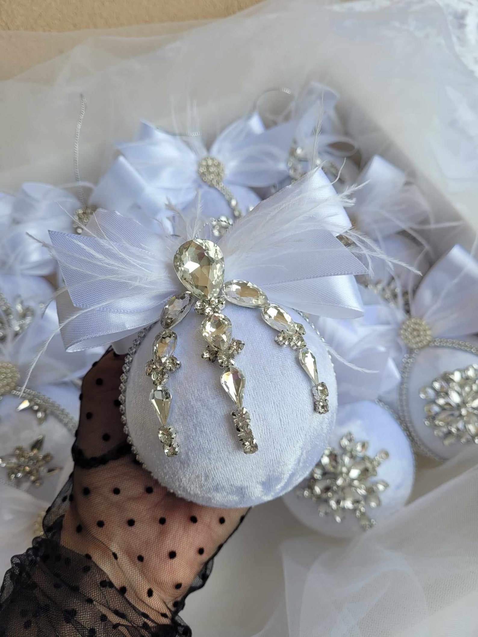 Set of White Christmas Balls With Feathers and Rhinestones, Christmas ...
