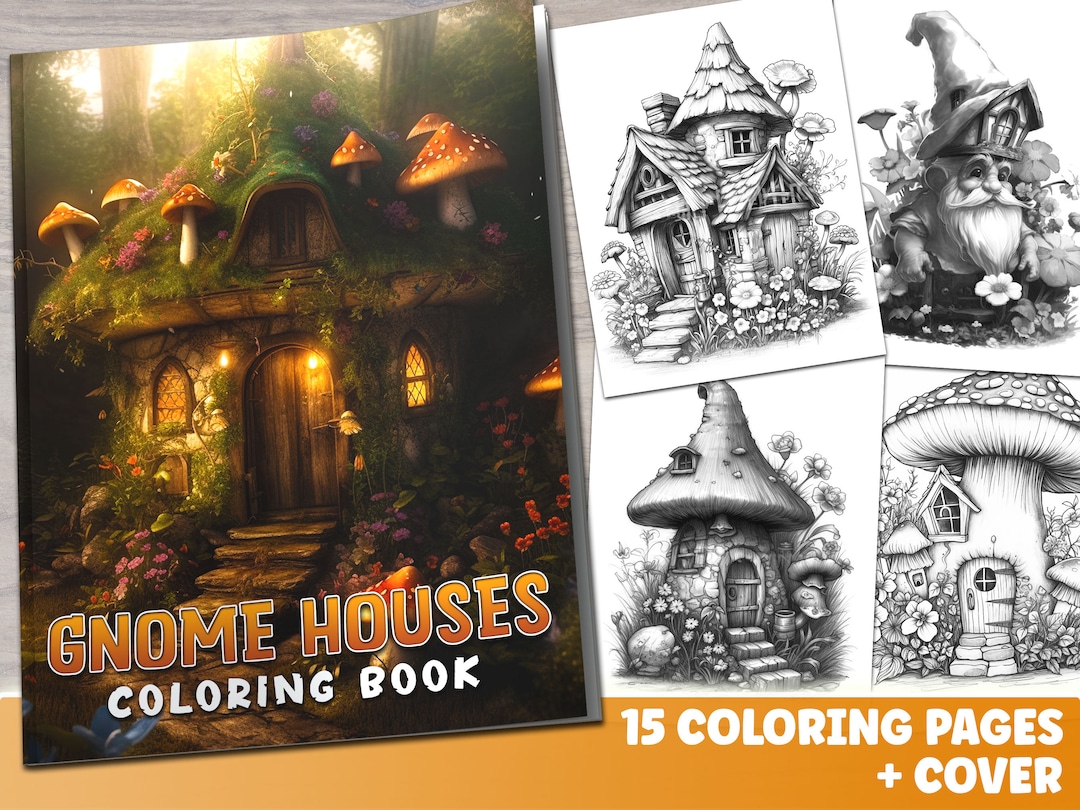 15 Gnome Fairy Houses Coloring Pages Grayscale Coloring Book Coloring ...