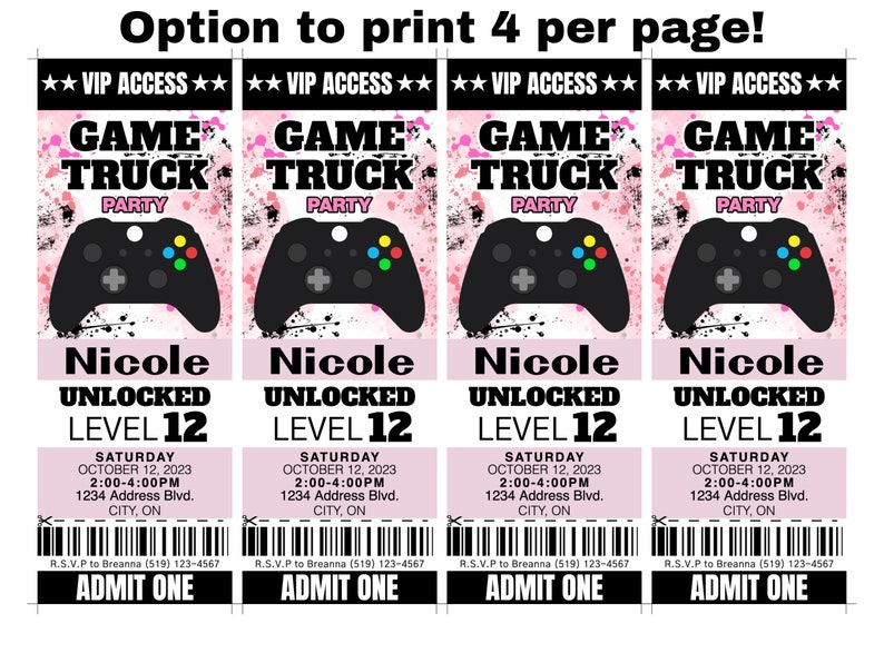 EDITABLE Video Game Truck Ticket Invitation Gamer Girl - Etsy