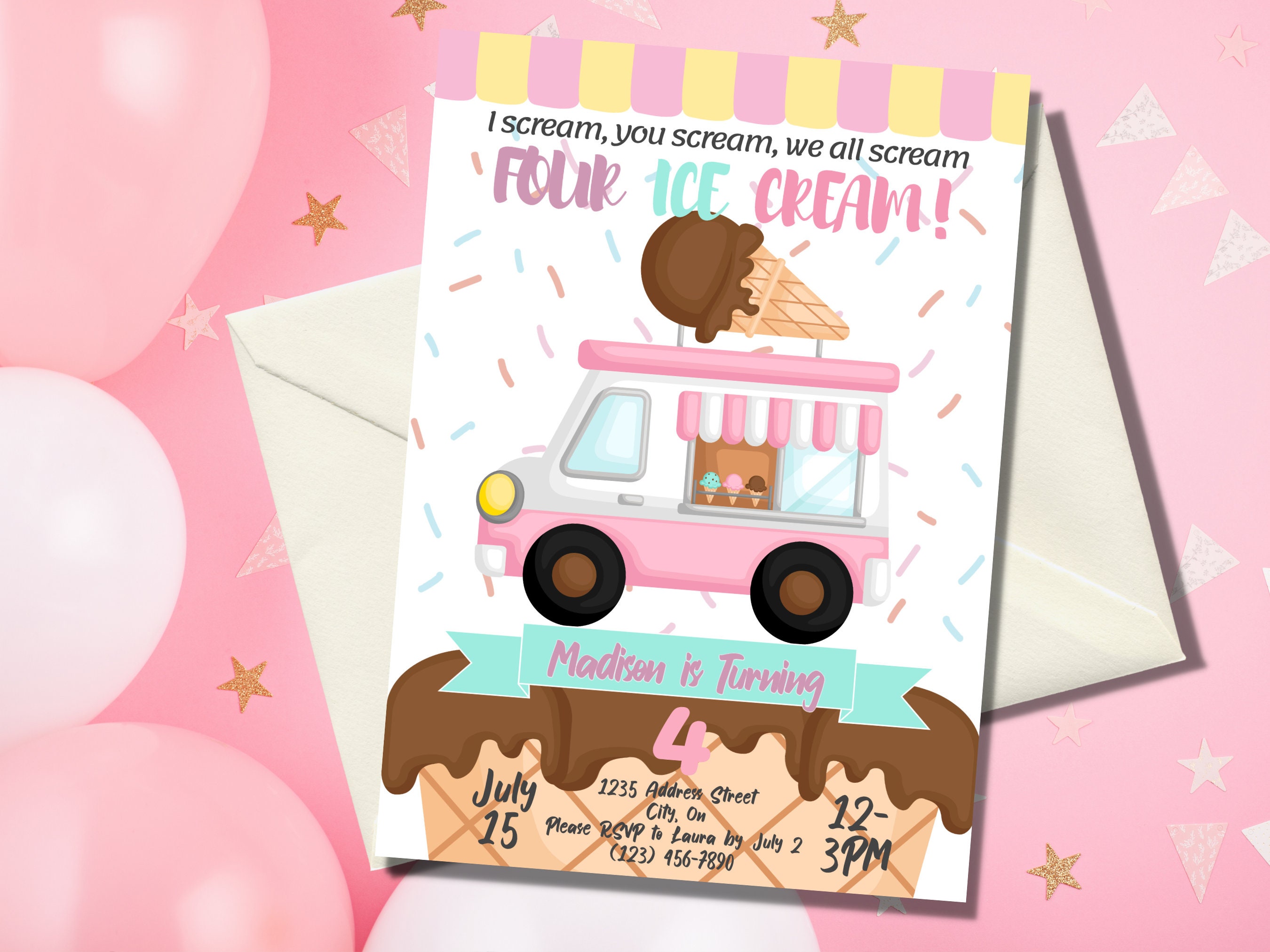 EDITABLE Ice Cream Party Invitation I Scream Four Ice Cream - Etsy