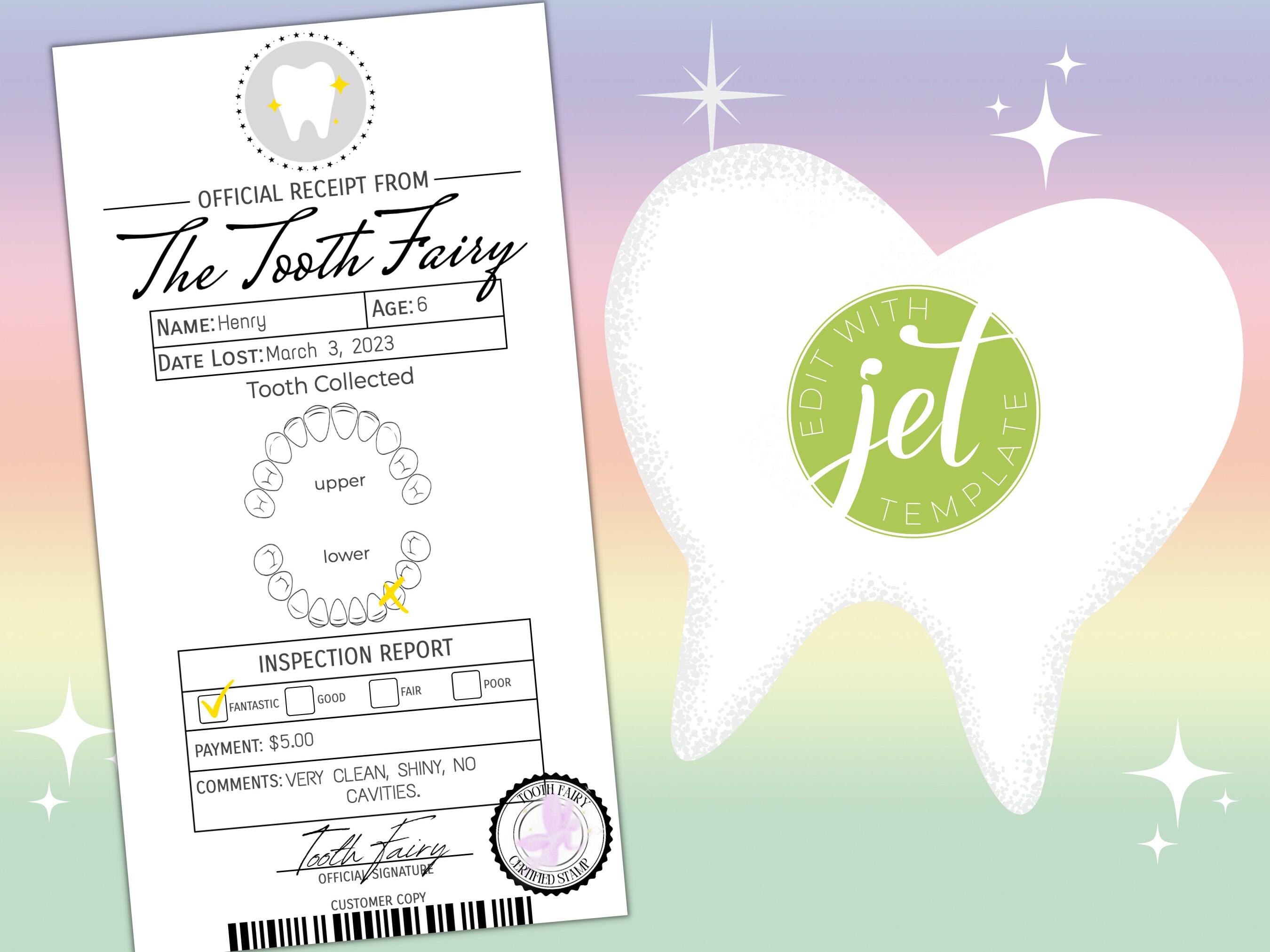 EDITABLE Official Tooth Fairy Receipt Lost Tooth Ticket Record - Etsy