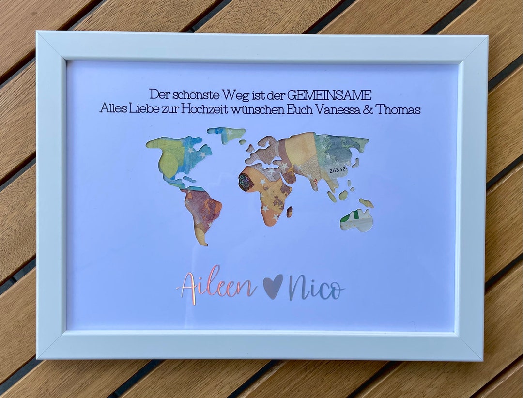 Geld verschenken Hochzeit, Geburtstag, Motiv WELTKARTE, Bilderrahmen ...