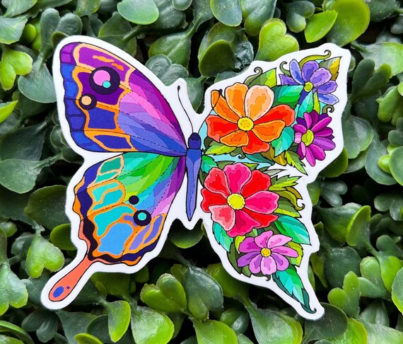 Butterfly and Flowers Sticker Vinyl Sticker Waterproof - Etsy