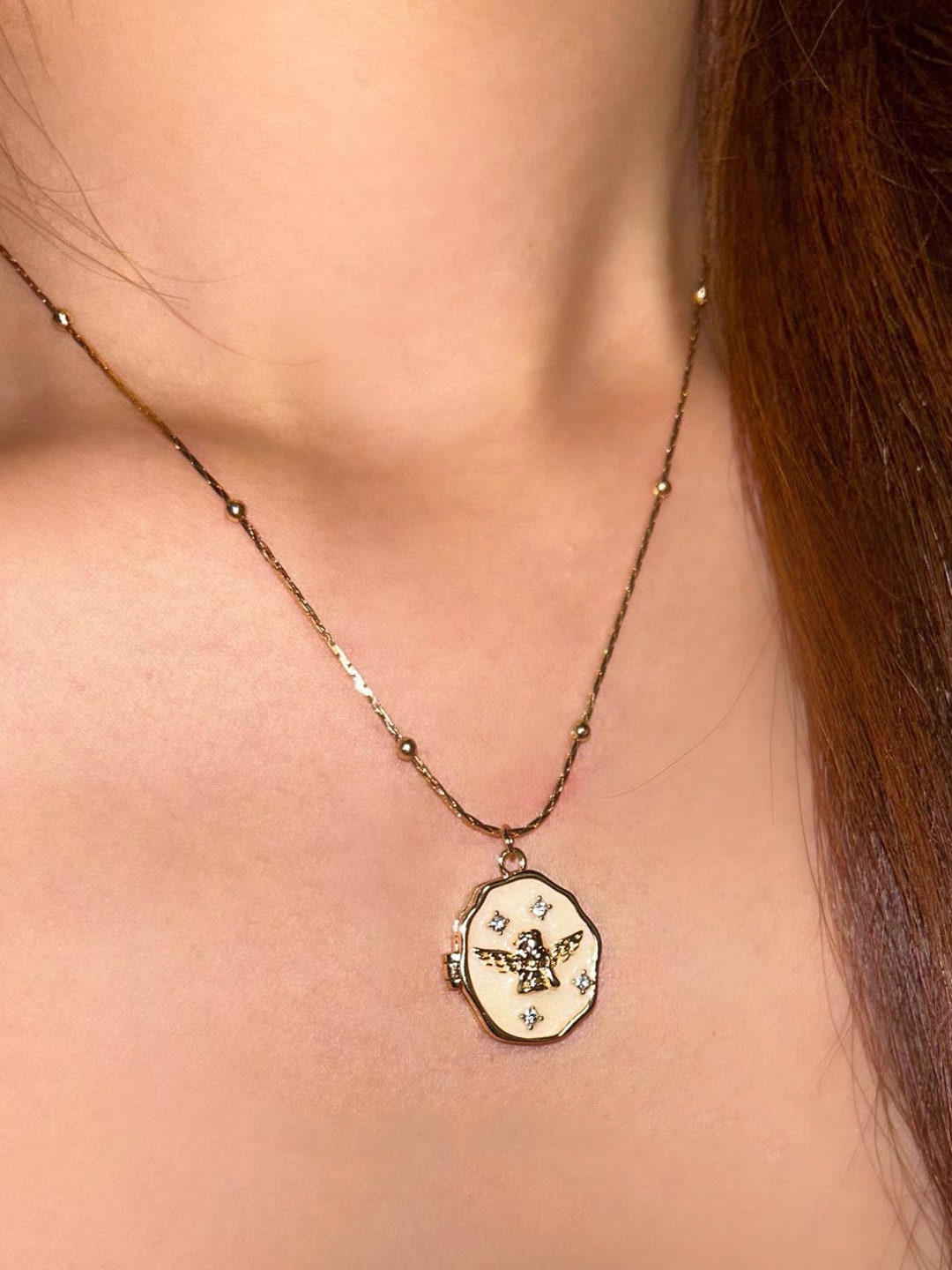 14K Gold Angel Oval Necklace, Vintage Shell Locket Necklace, Fairy ...