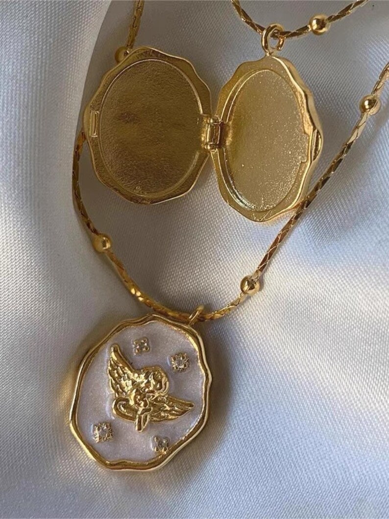 14K Gold Angel Oval Necklace, Vintage Shell Locket Necklace, Fairy ...