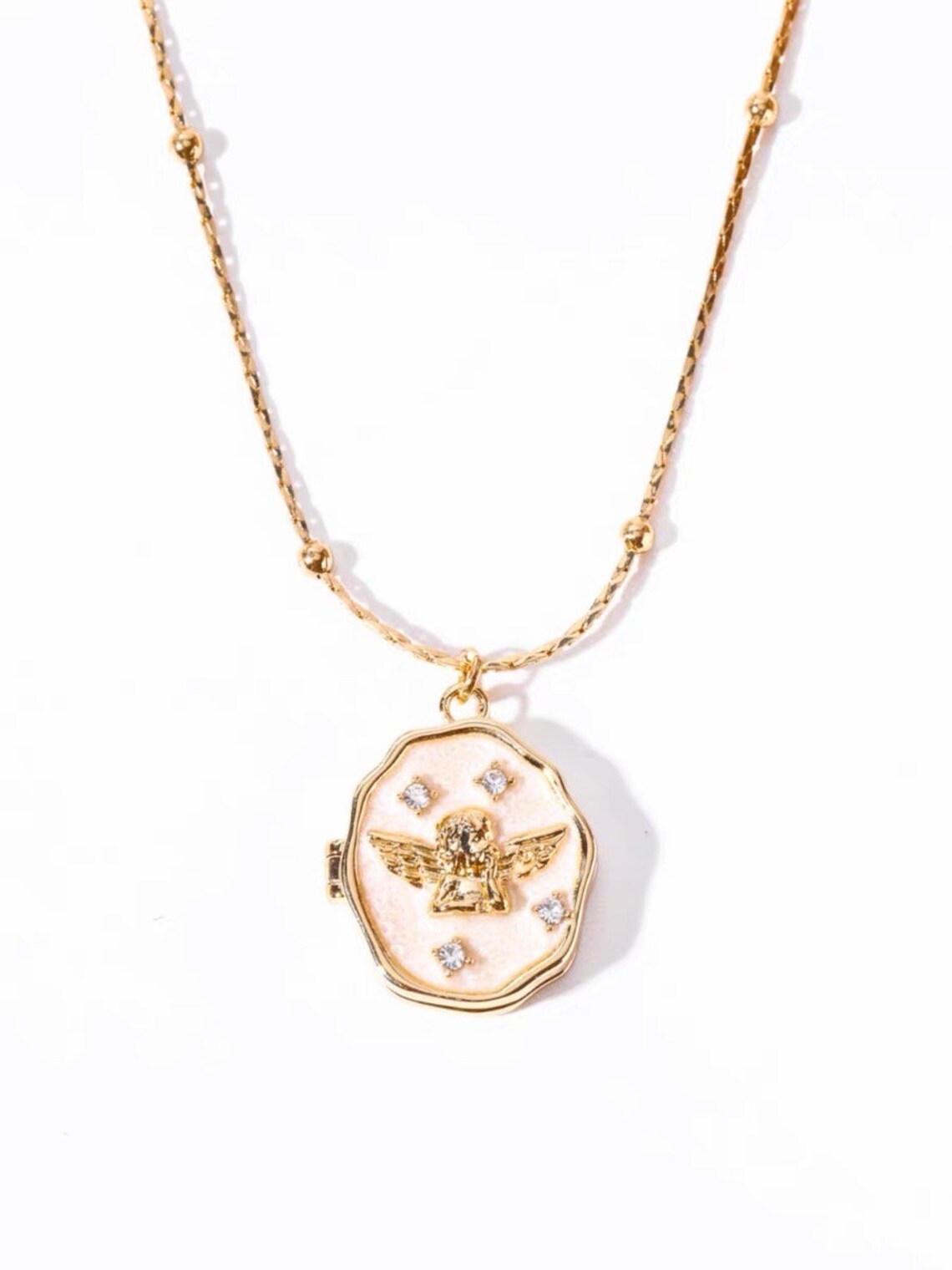 14K Gold Angel Oval Necklace, Vintage Shell Locket Necklace, Fairy ...