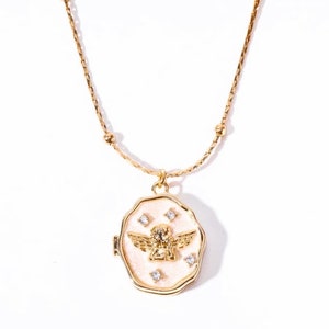 14K Gold Angel Oval Necklace, Vintage Shell Locket Necklace, Fairy ...
