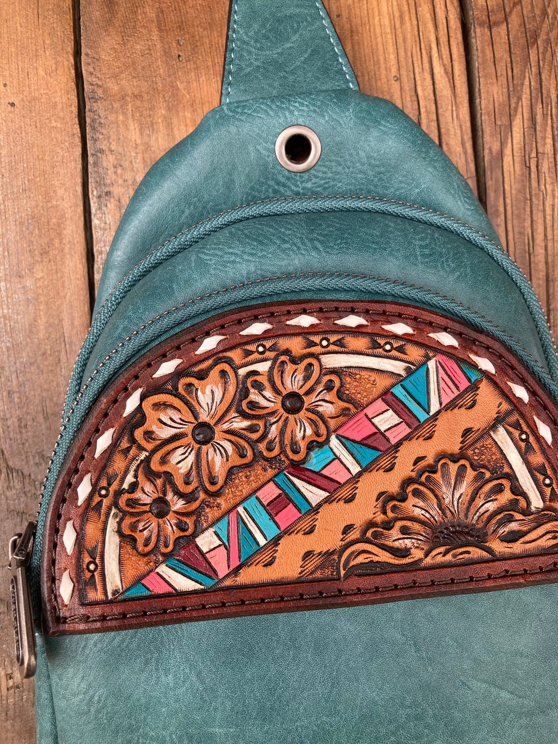 Crossbody Sling Bag/purse With Hand Tooled Leather Patches - Etsy