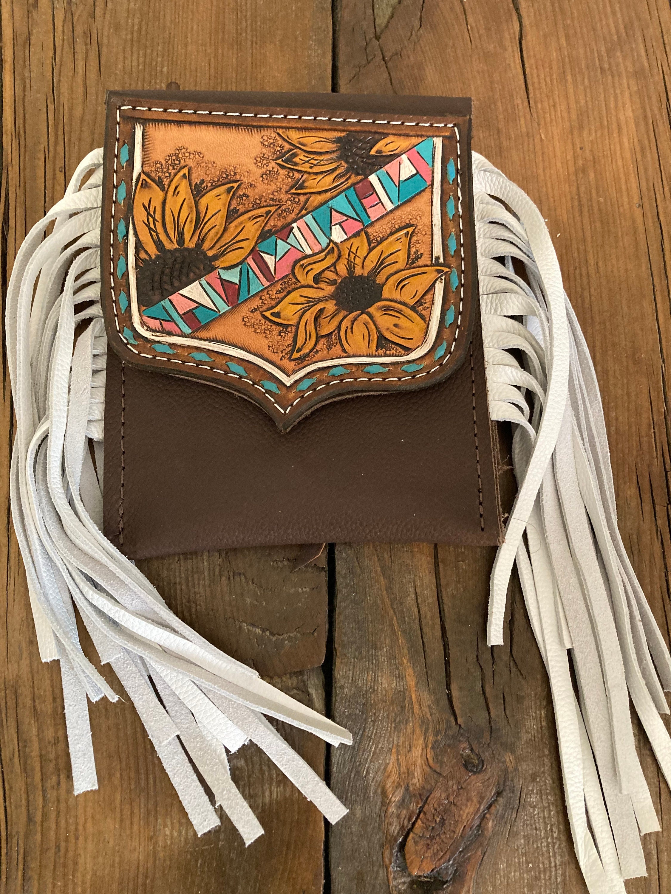 Rear Cinch Cell Phone Saddle Pouch Hand Tooled Leather With Buck Stitch ...